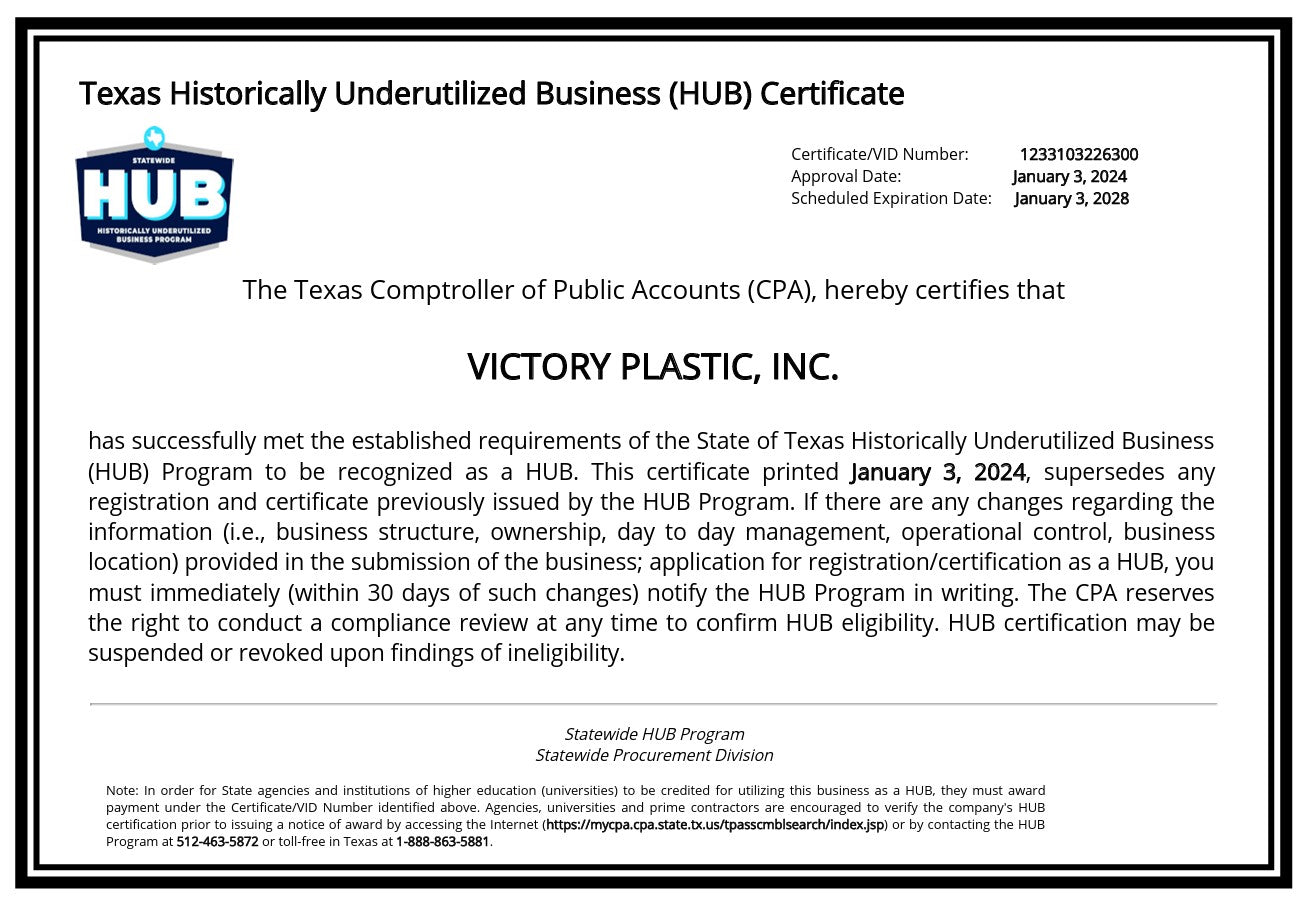Victory Plastic HUB Certificate | Woman-Owned Business – Victory VCI